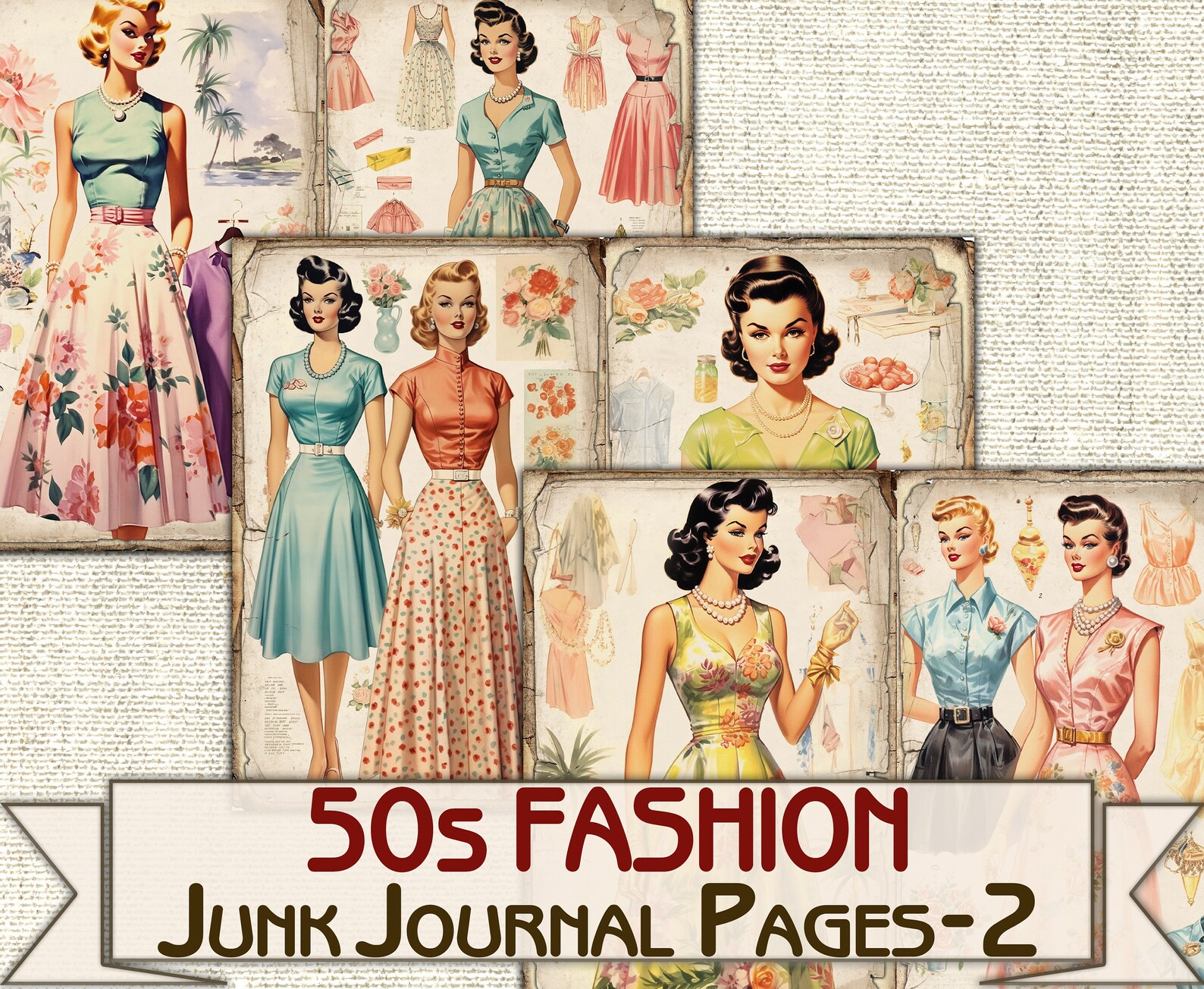 Retro 50s Fashion Junk Journal Pages Part 2, Collage Sheets Printables ...