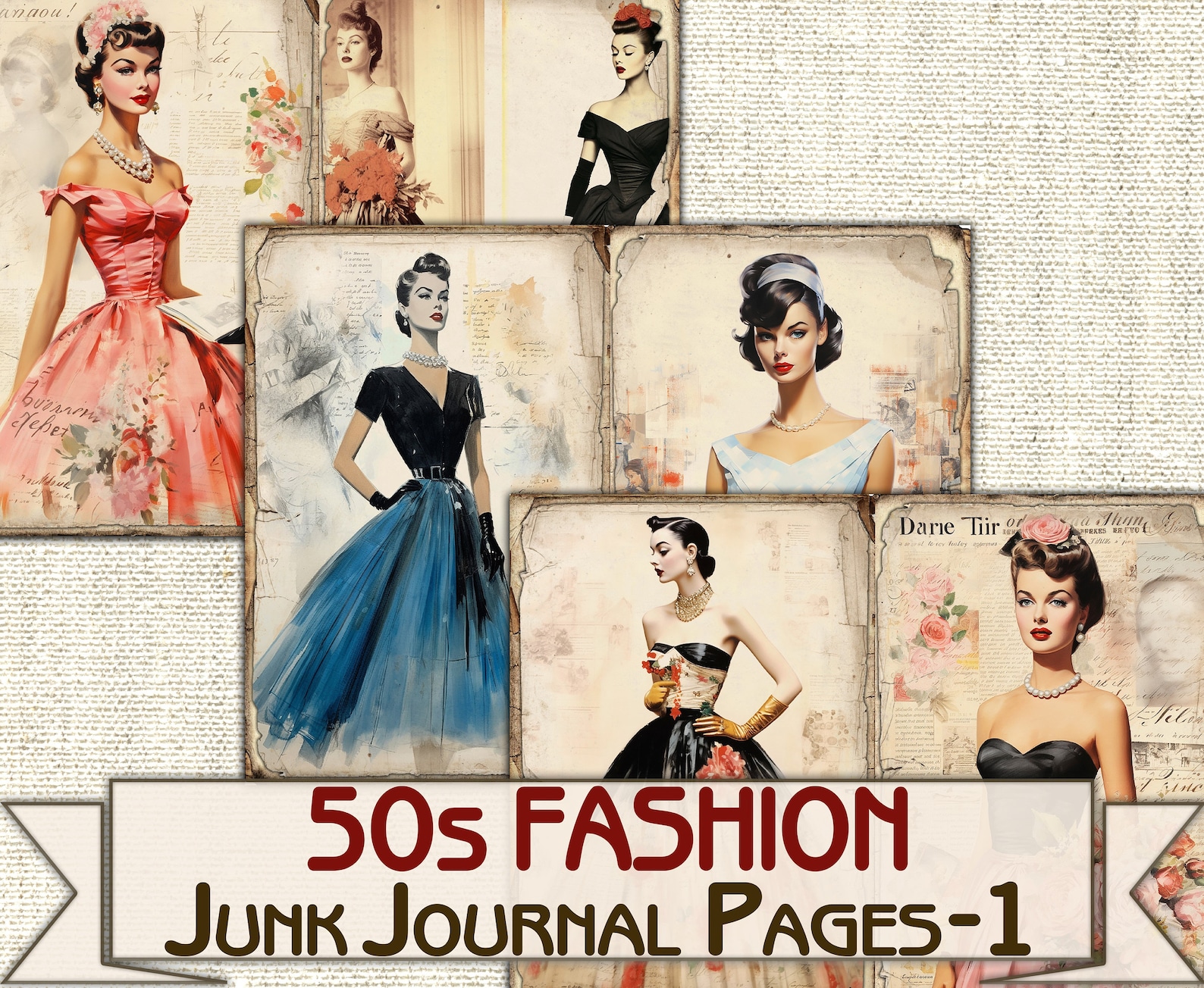 Retro 50s Fashion Junk Journal Pages Part 1, Collage Sheets Printables ...
