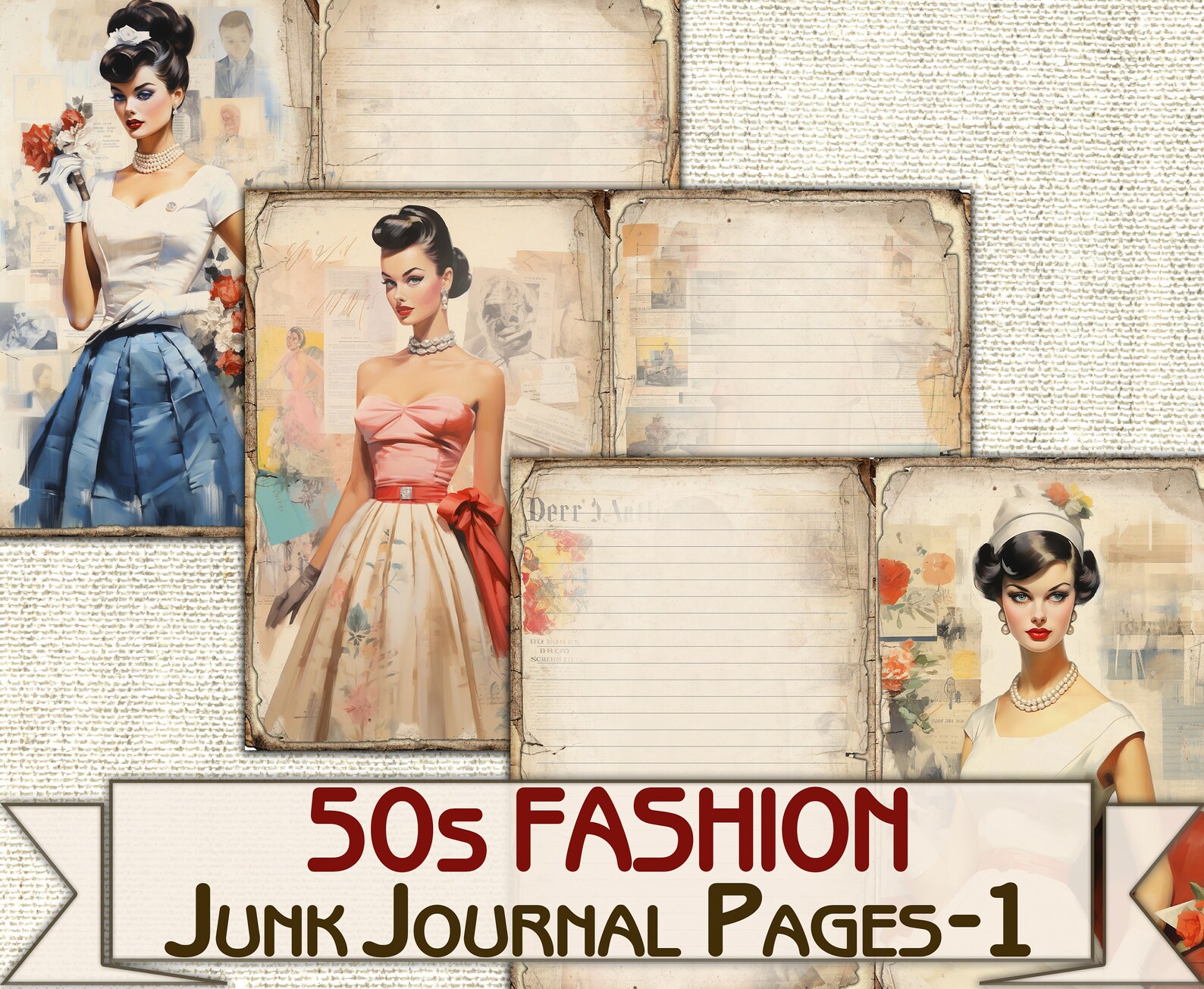 Retro 50s Fashion Junk Journal Pages Part 1, Collage Sheets Printables ...