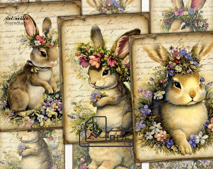 Vintage Easter Bunny Collage Digital Picture Printable Cards Atc ACEO-4 ...
