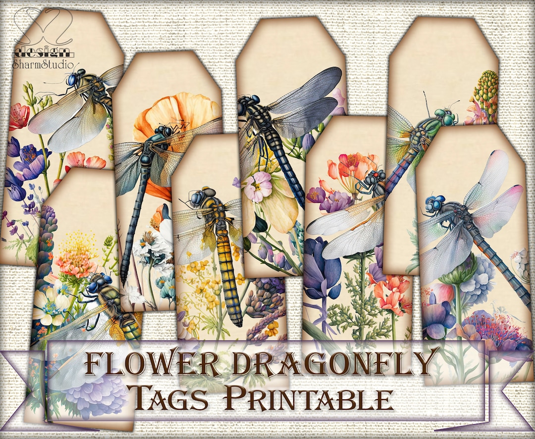 Spring Flower Dragonfly Tags Printable Digital Bookmark Junk Journal ...