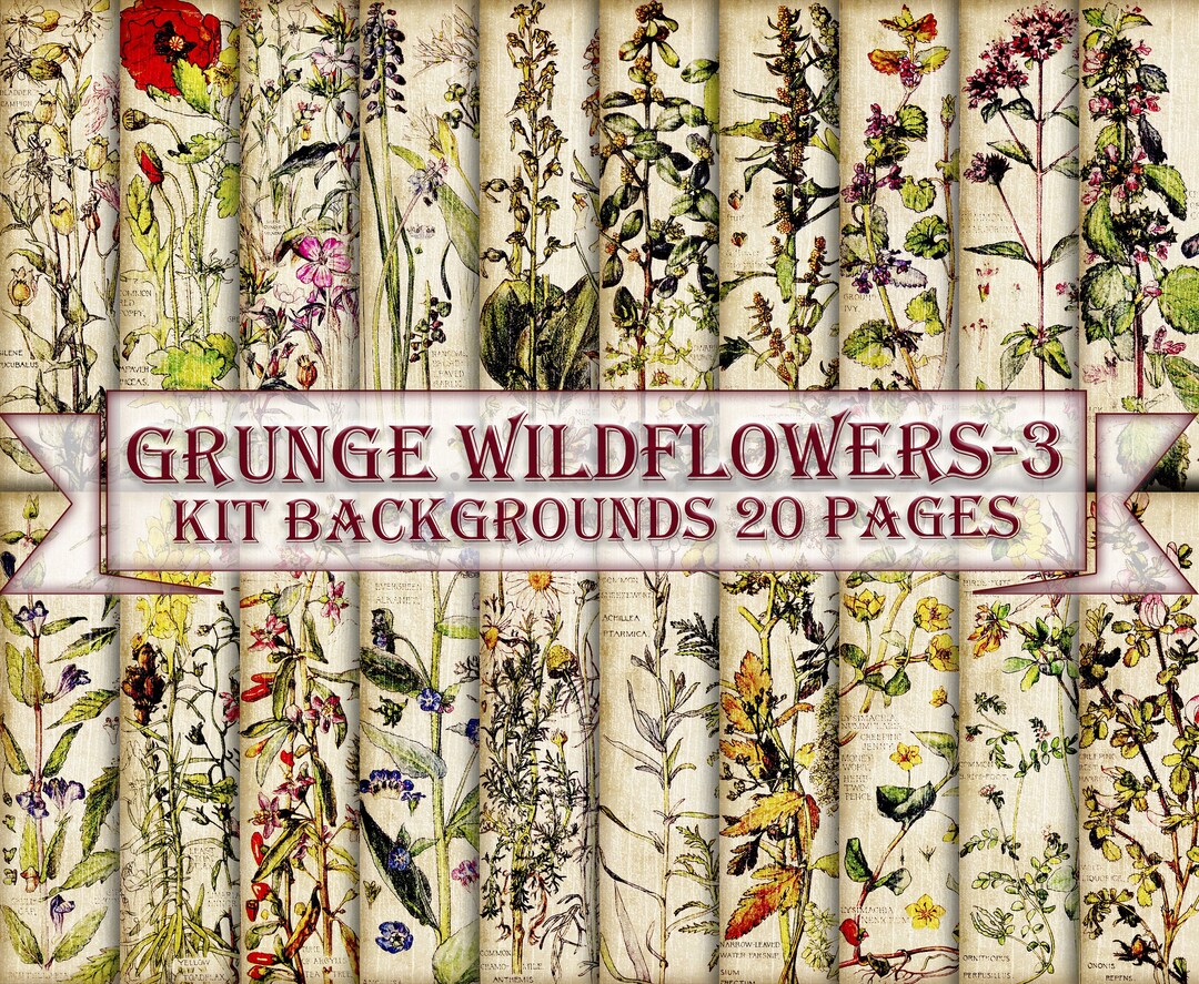 Vintage Kit Backgrounds Grunge Wildflowers Print-3,collage Sheets ...