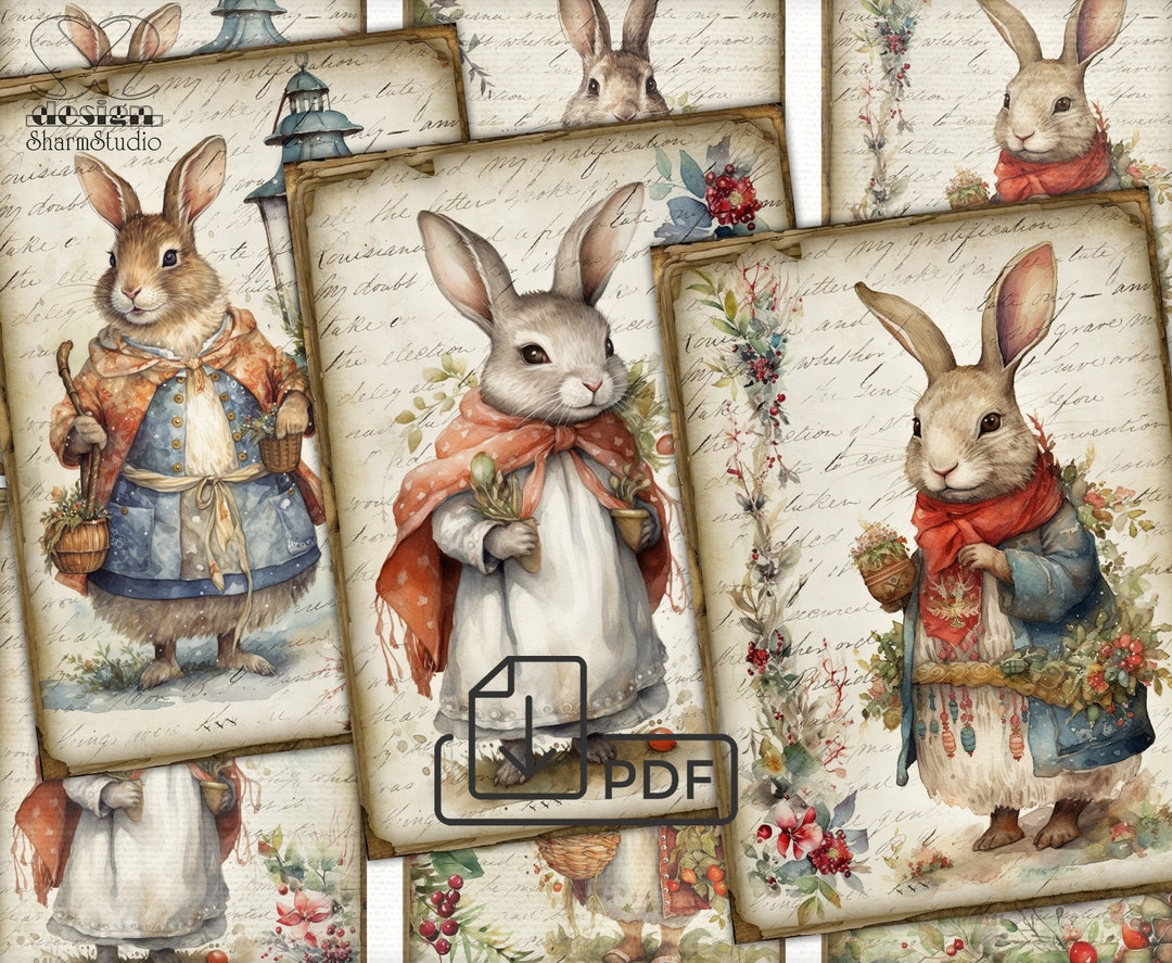 Vintage Winter Rabbit,collage Digital Picture Printables Cards Atc ACEO ...