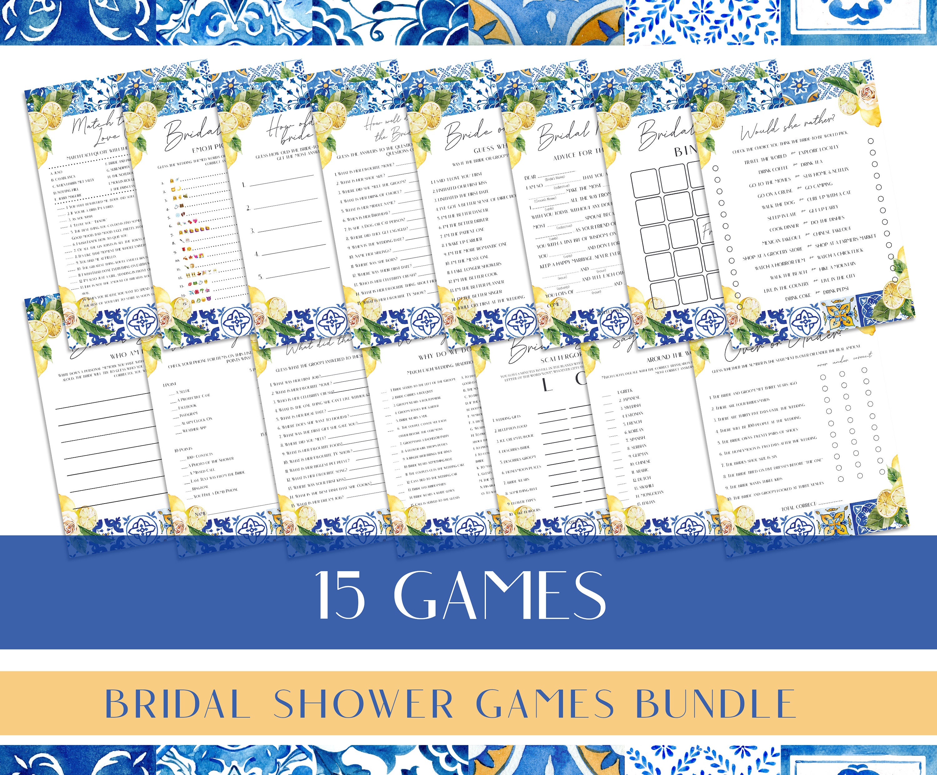 Blue Tiles Lemon Bridal Shower Game Bundle Mediterranean Bridal Shower