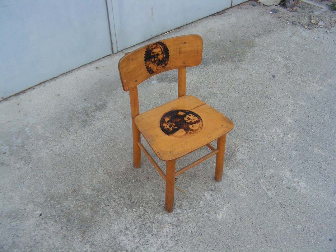 Small Wooden Chair Pyrography Chair Old Four Legged Chair Primitive ...