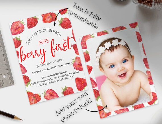 Berry First Birthday Invitation Template Canva Editable Girl - Etsy