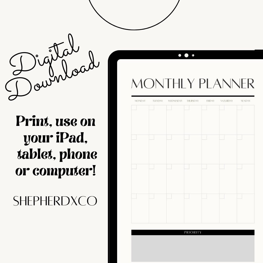 Simple Black and White Monthly Planner Digital Download - Etsy