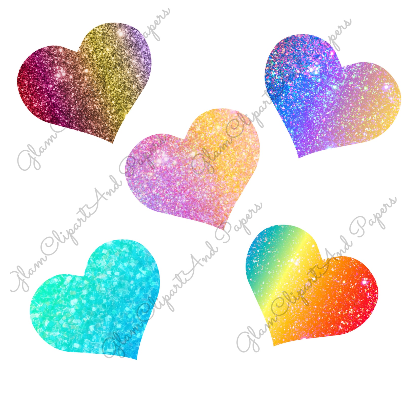Colorful Heart Clipart, Glitter Rainbow Ombre Hearts Elements 10 PNG ...