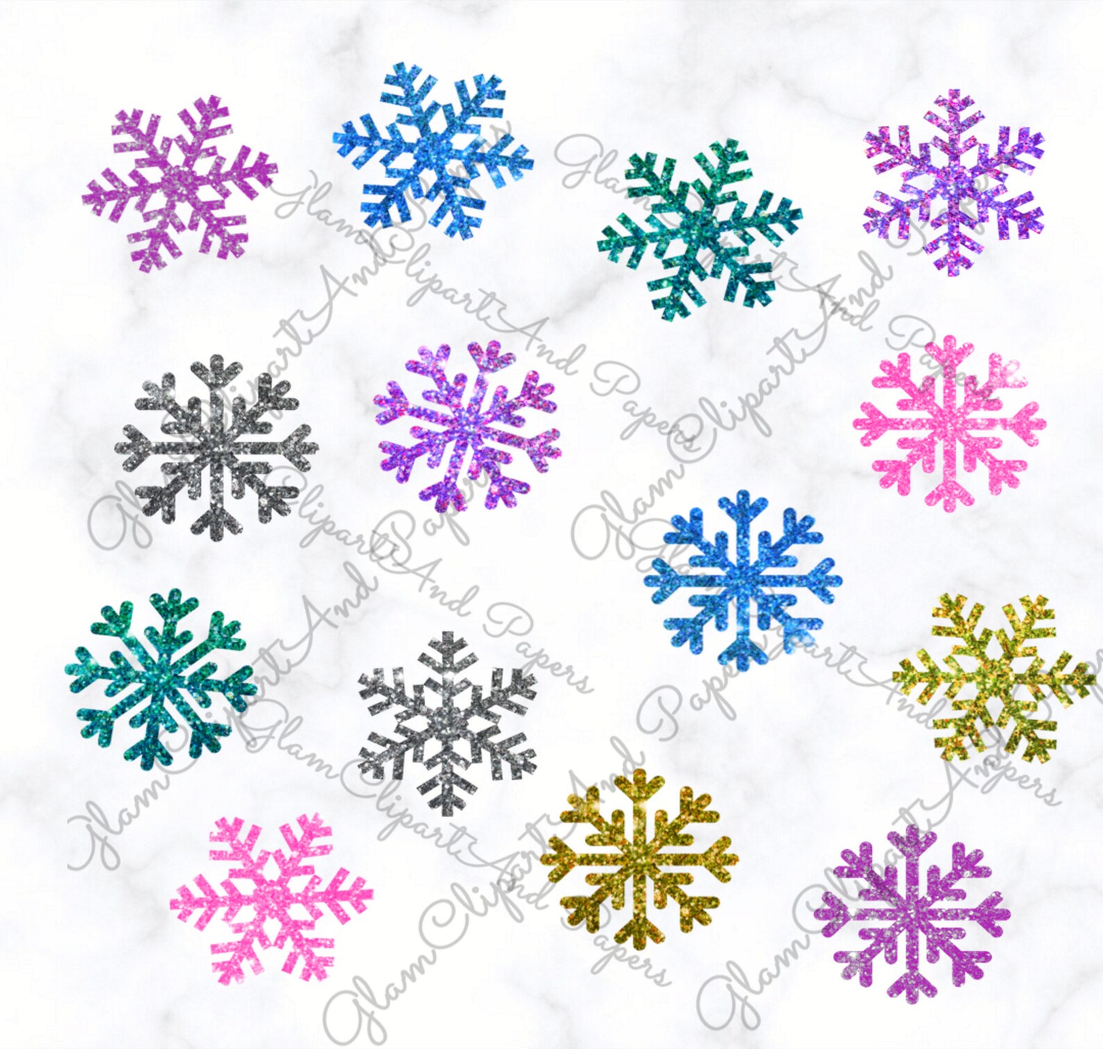Colorful Snowflakes Clipart, Silver and Gold Snowflakes Clipart, Winter ...
