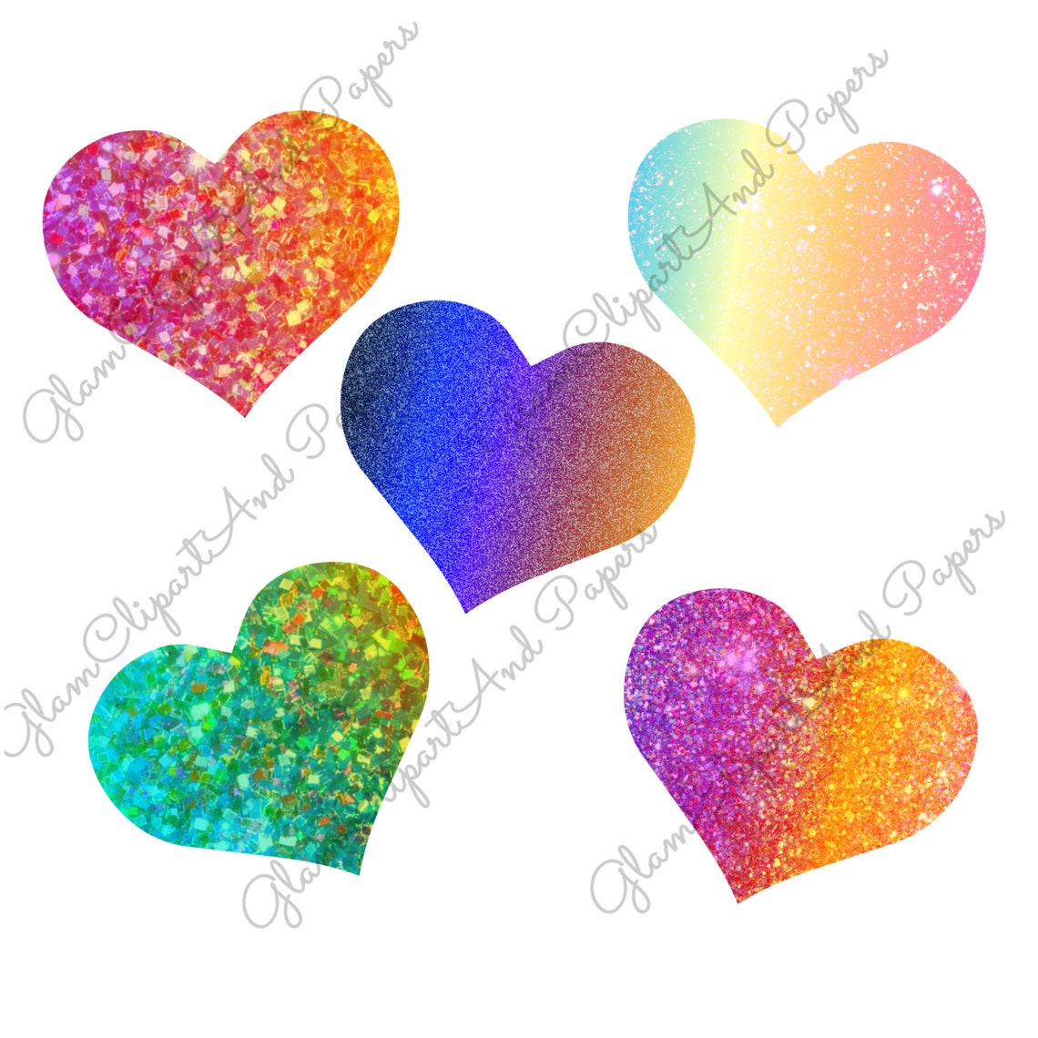 Colorful Heart Clipart, Glitter Rainbow Ombre Hearts Elements 10 PNG ...