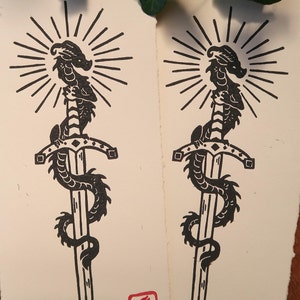 Linocut Print - Original Sword & Tiny Dragon - Ivory or Sun Paper - Etsy