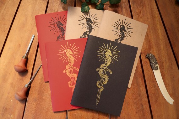 Original Sword & Tiny Dragon Linocut Print on 140g A5 - Etsy
