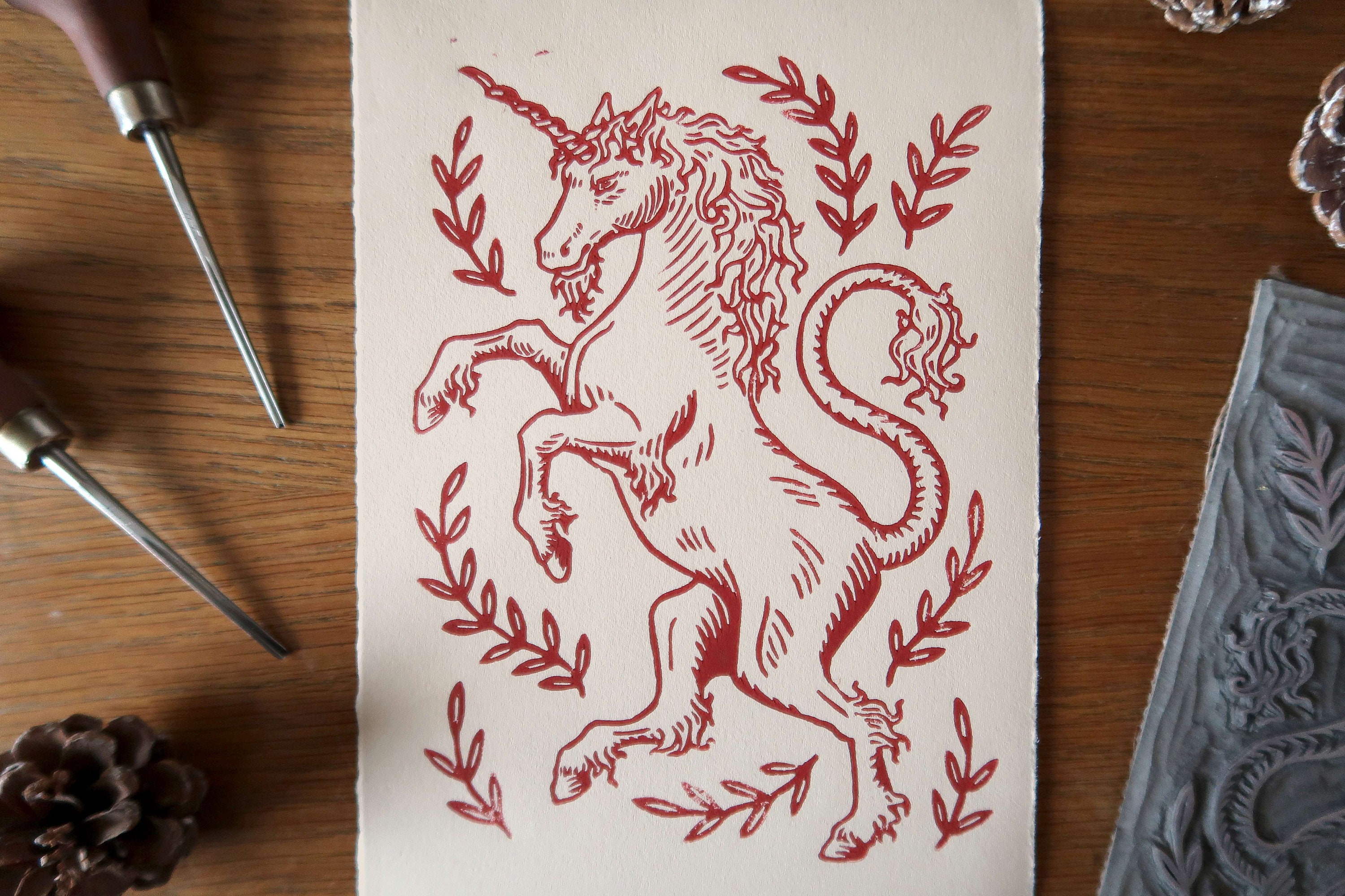 Linocut Print - Original Medieval Unicorn - Warm or Dark Burnt Sienna ...