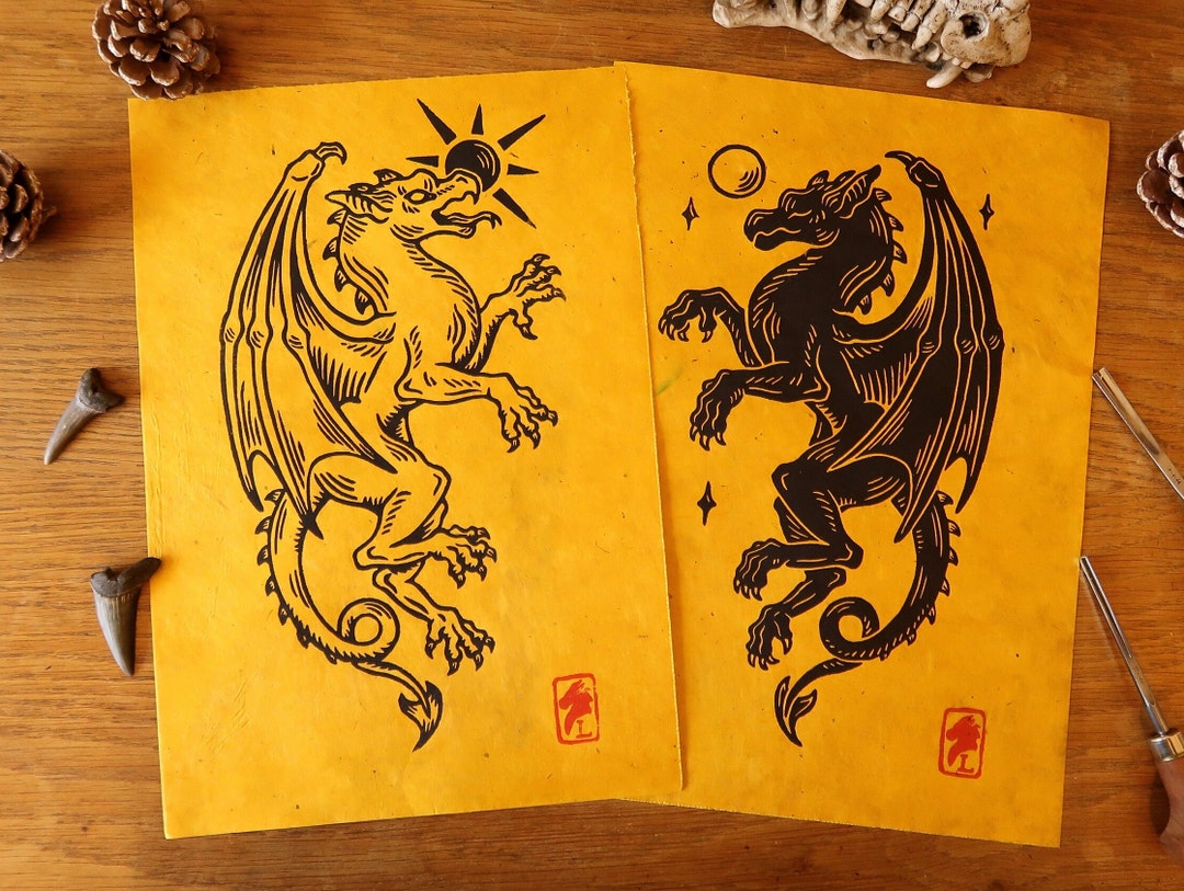 Linocut Print Original Medieval Gargoyles Sun Paper - Etsy