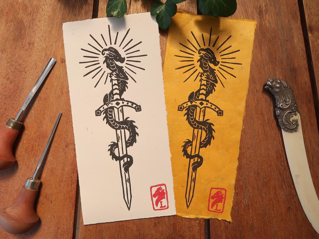 Linocut Print Original Sword & Tiny Dragon Ivory or Sun Paper - Etsy