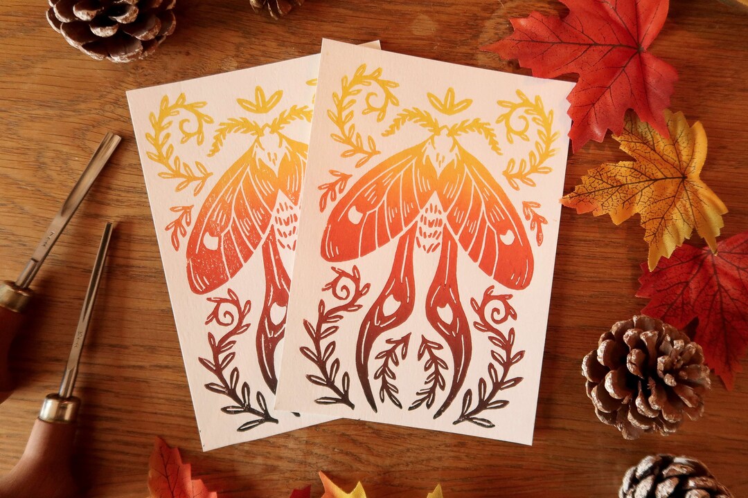 Linocut Print - Fall - Original Tiny Moth - Etsy