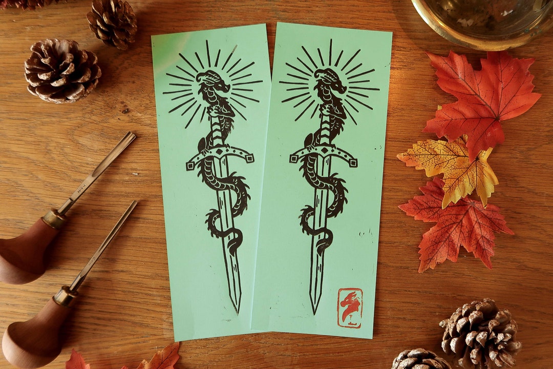Linocut Print Original Sword & Tiny Dragon on Mint Colored - Etsy