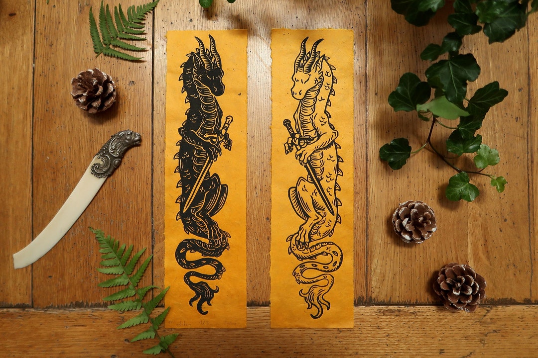 Linocut Print Original Swords & Dragons Sun Paper - Etsy