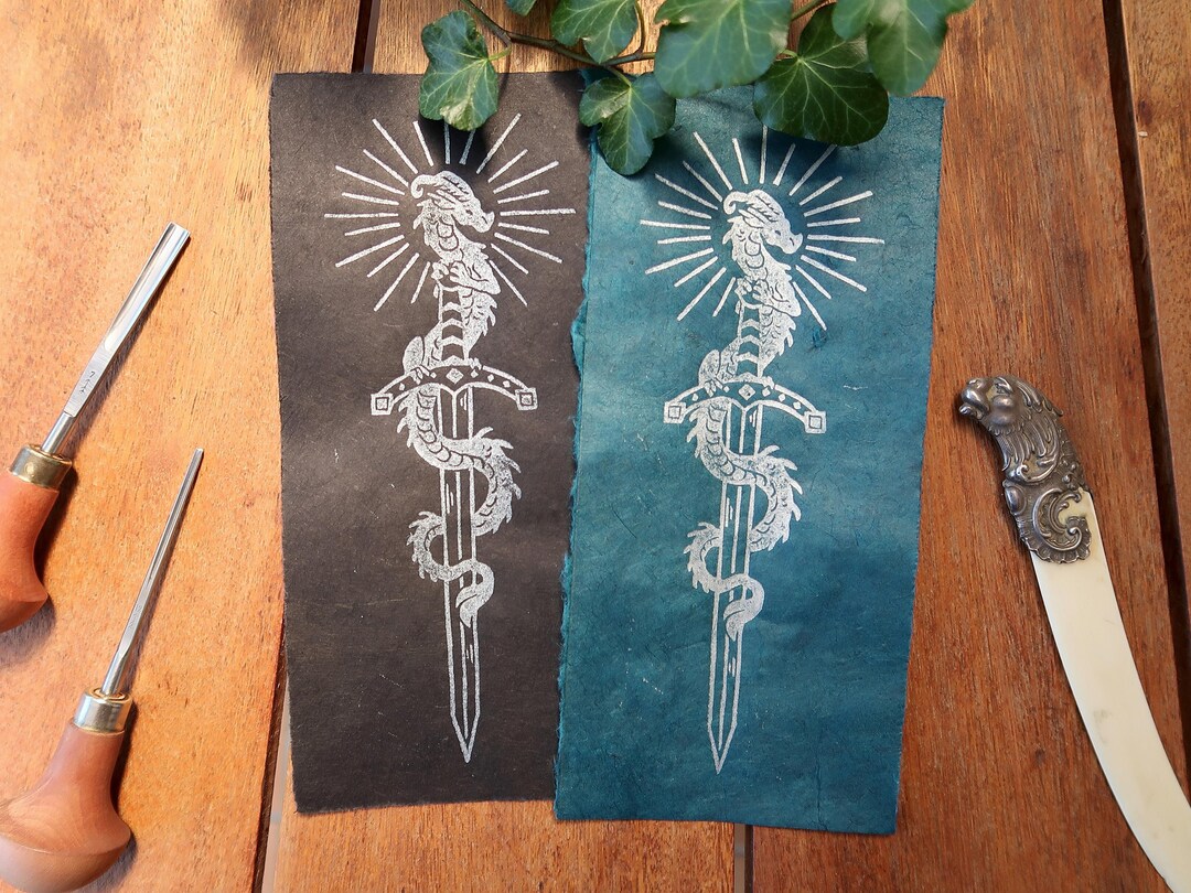Silver Linocut Print Original Sword & Tiny Dragon on Blue or Black ...