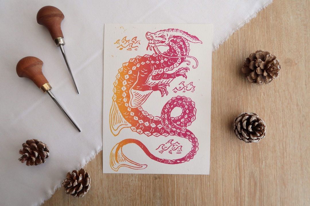 Linocut Print Sunrise Original Sturgeon Dragon A/B - Etsy