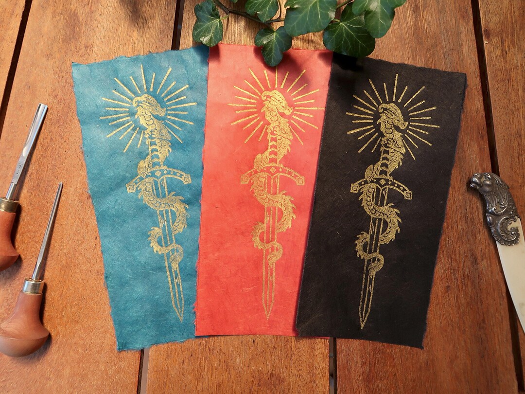 Gold Linocut Print Original Sword & Tiny Dragon on Blue, Red or Black ...