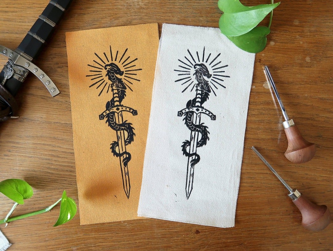 Linocut Patch Original Sword & Tiny Dragon Ivory or Yellow Ochre - Etsy