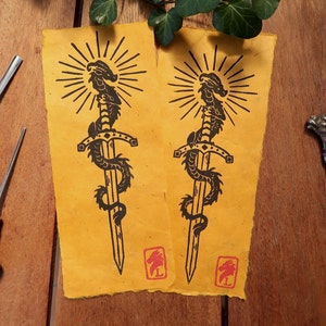Linocut Print Original Sword & Tiny Dragon Ivory or Sun Paper - Etsy