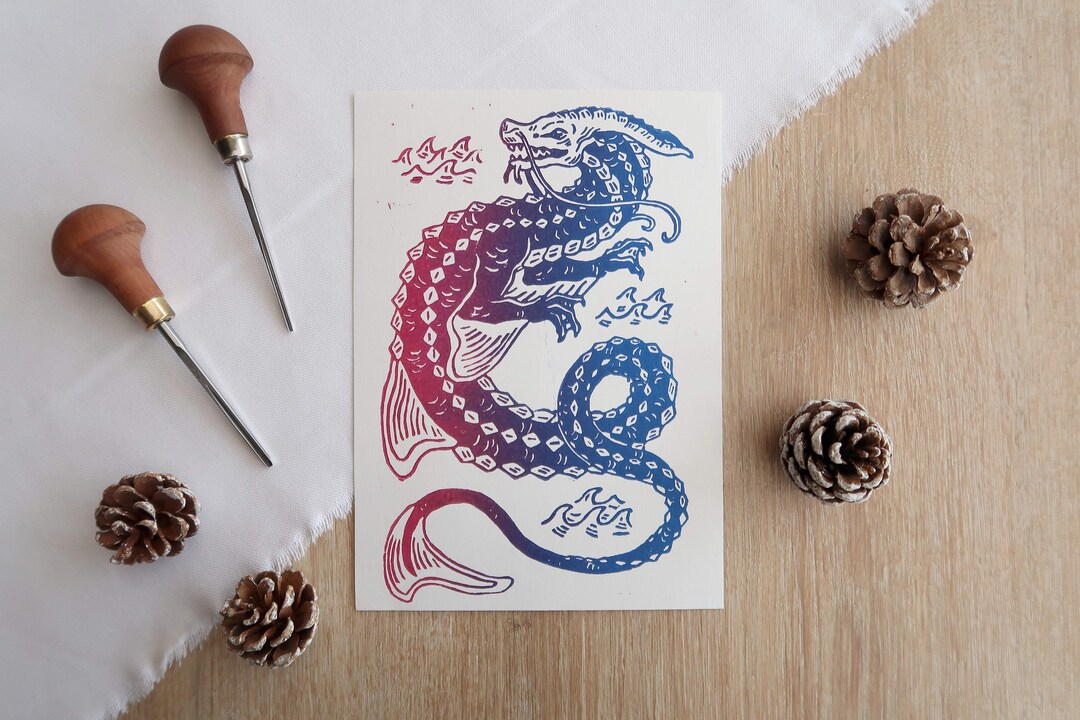 Linocut Print Sunset Original Sturgeon Dragon - Etsy