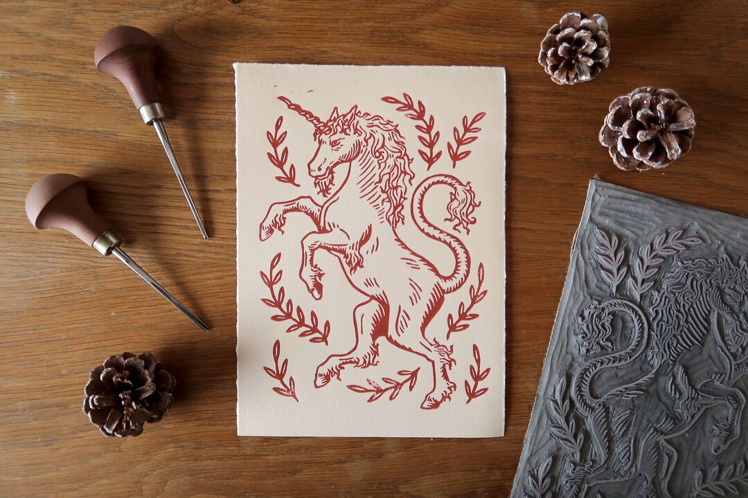 Linocut Print - Original Medieval Unicorn - Warm or Dark Burnt Sienna ...