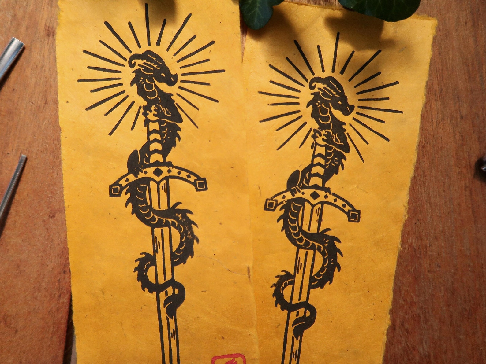 Linocut Print - Original Sword & Tiny Dragon - Ivory or Sun Paper - Etsy