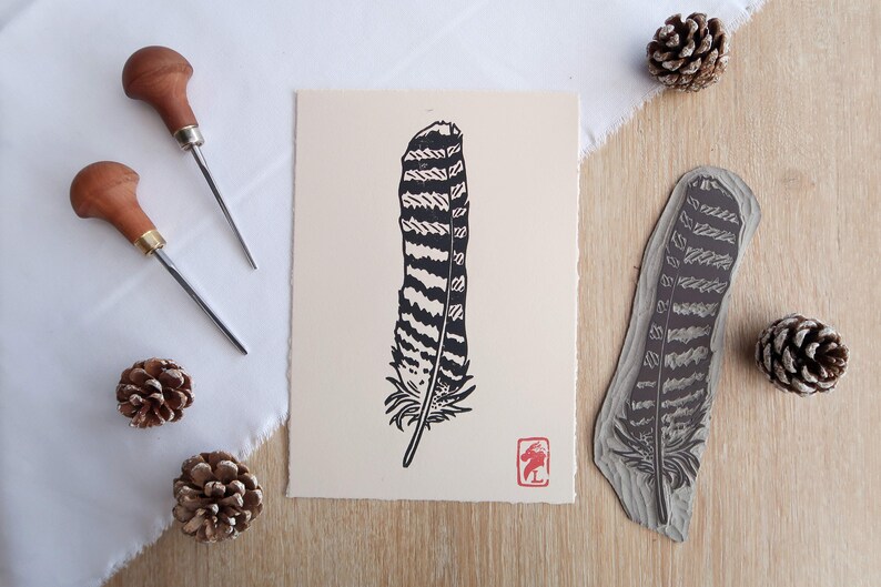 Linocut Print Original Buzzard Feather - Etsy