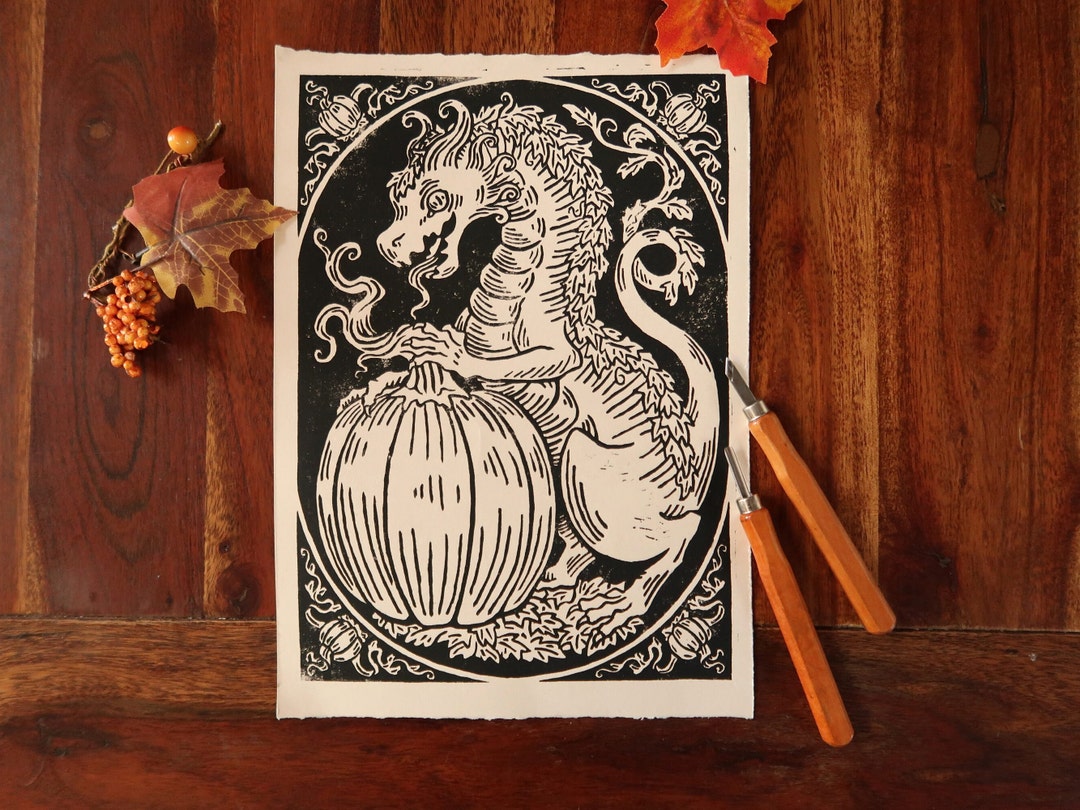 Linocut Print Original Pumpkin Dragon A4 - Etsy