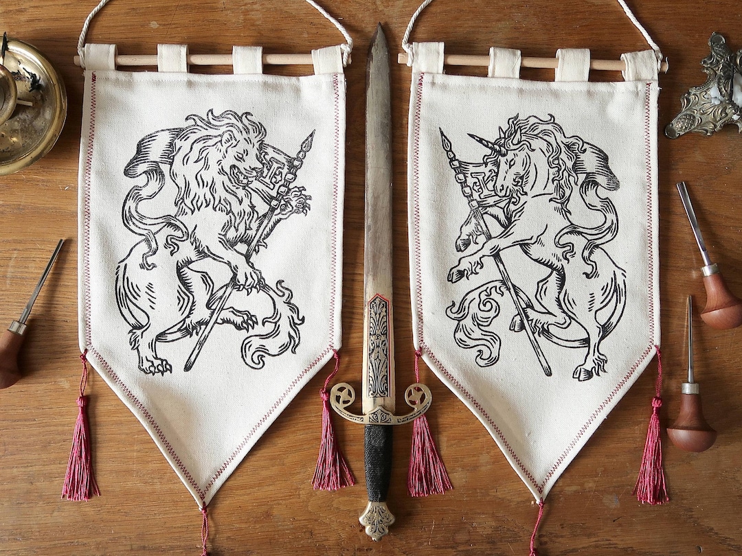 Original Medieval Unicorn and Lion - Linocut Banner - Limited Edition ...