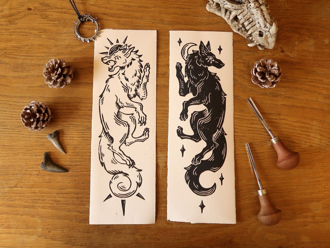 Linocut Print - Original Sköll and Hati - Ivory Paper - Etsy