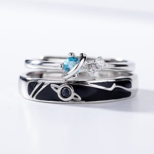 Blue Zircon Planet Couple Rings, Promise Rings for Couples, Matching ...