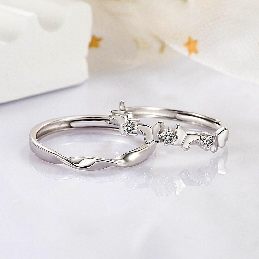 Butterfly CZ 925 Silver Couple Rings Promise Rings for Couples His Her ...