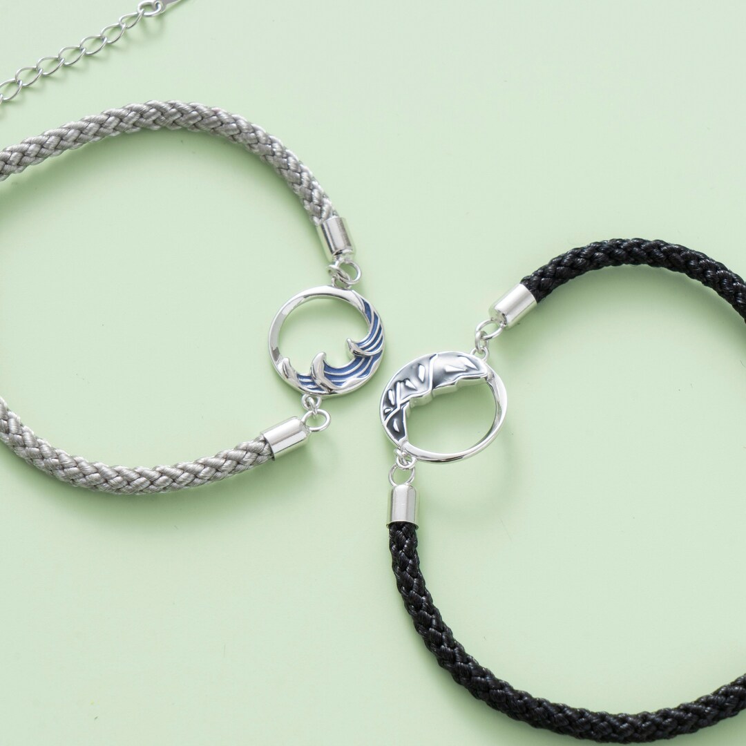 Round Pendant 925 Sterling Silver Couple Bracelets, His Her Matching ...