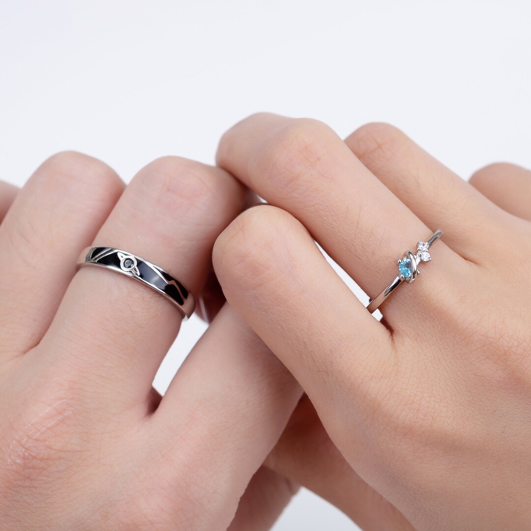Stars & Planet Blue Zircon 925 Silver Couple Rings, Promise Rings for ...
