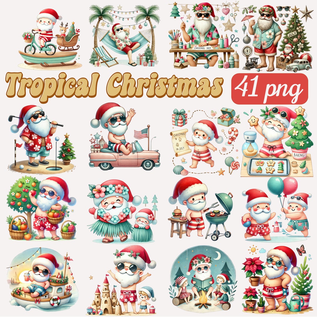Tropical Christmas Watercolor Clipart, Christmas in July Clipart Mega ...