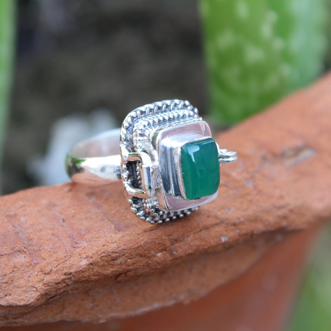 Poison Box Ring ,925 Silver Ring ,natural Green Onyx Box Ring ,poison ...
