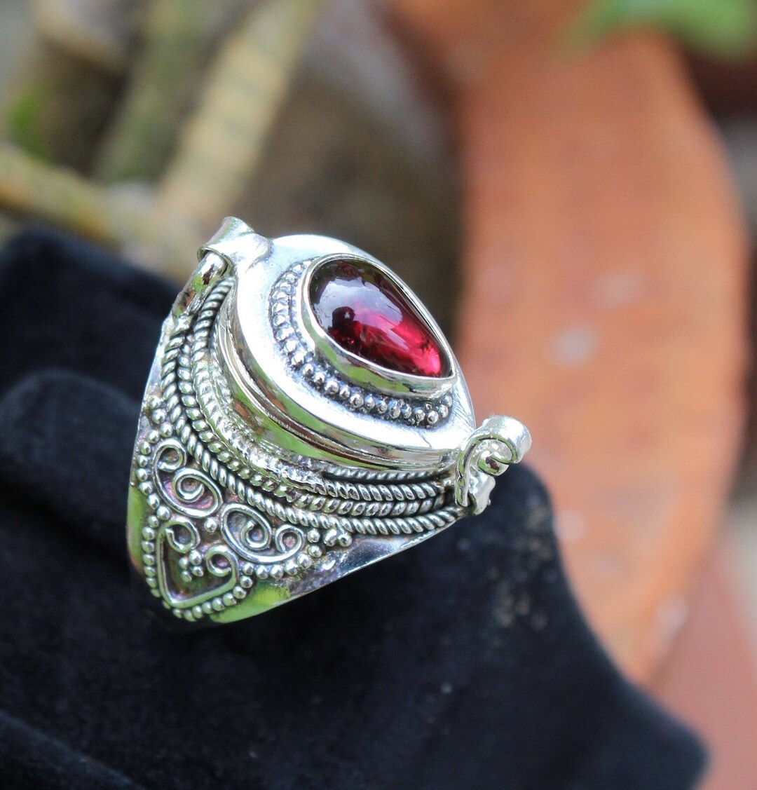 Poison Box Ring ,925 Silver Plated Ring,natural Garnet Stone Box Ring ...