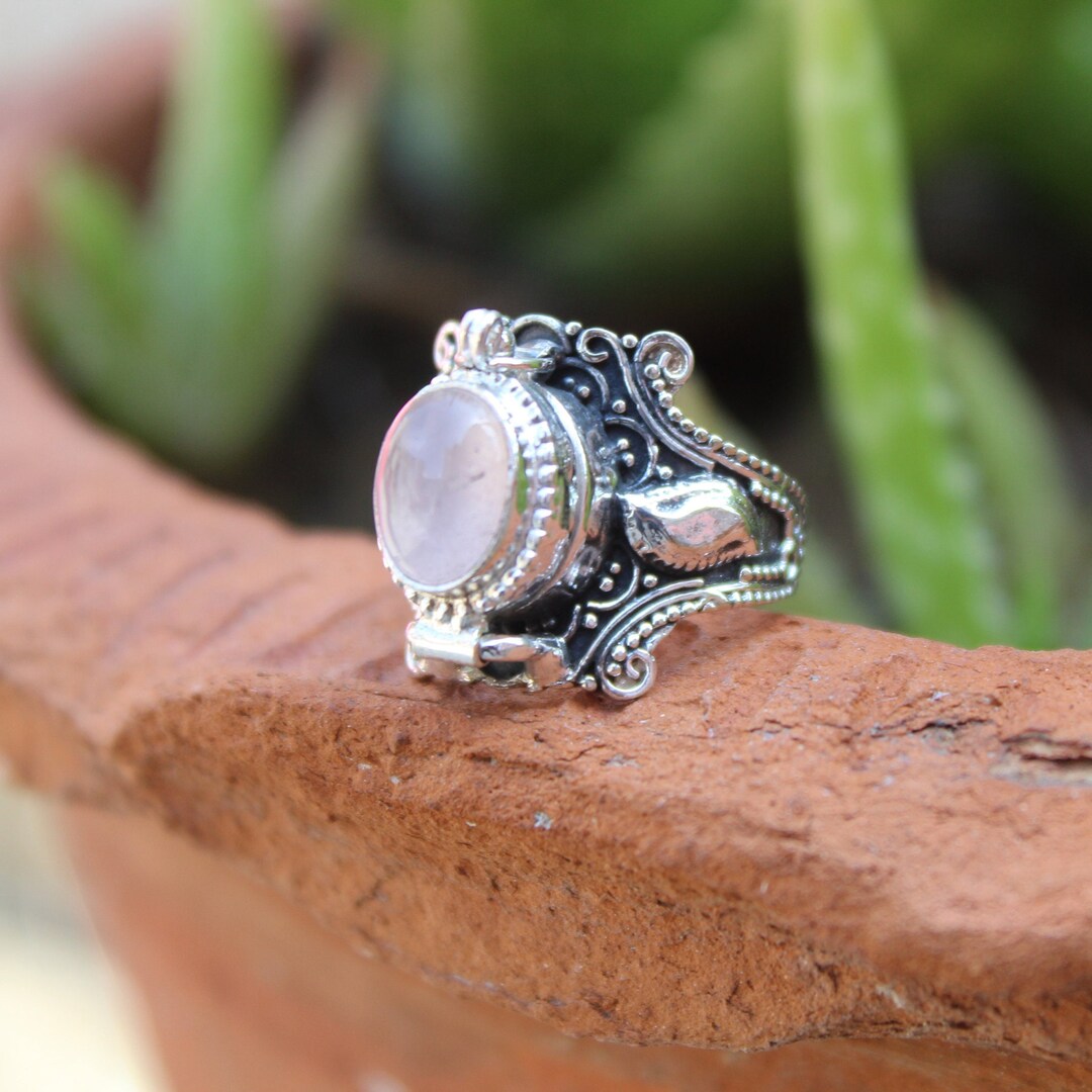 Poison Box Ring ,925 Silver Ring ,natural Rose Quartz Ring ,poison Ring ...