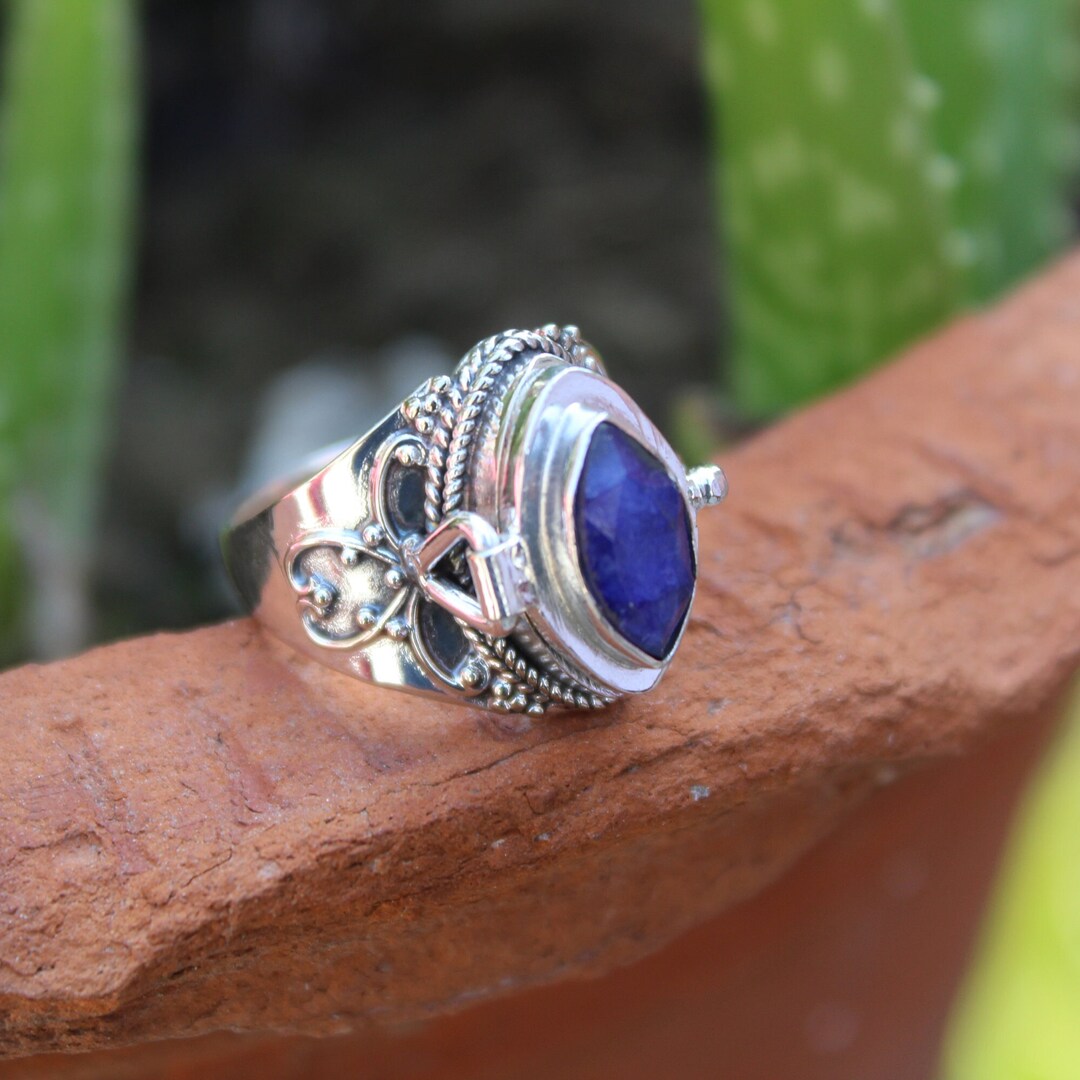 Natural Sapphire Gemstone Poison Ring, Poison Box Ring, 925 Silver Ring ...