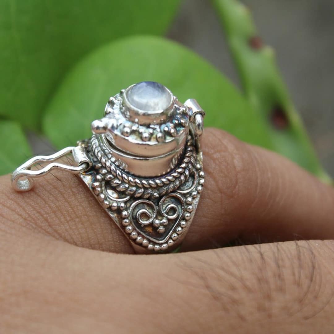 Rainbow Moonstone Ring, 925 Silver Plated Ring, Mens Pillbox Ring, Birthstone Box Ring, Openable ...