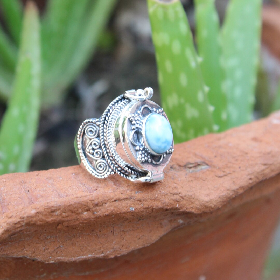 Locket Ring,natural Larimar Gemstone Locket Ring,925 Silver Plated ...