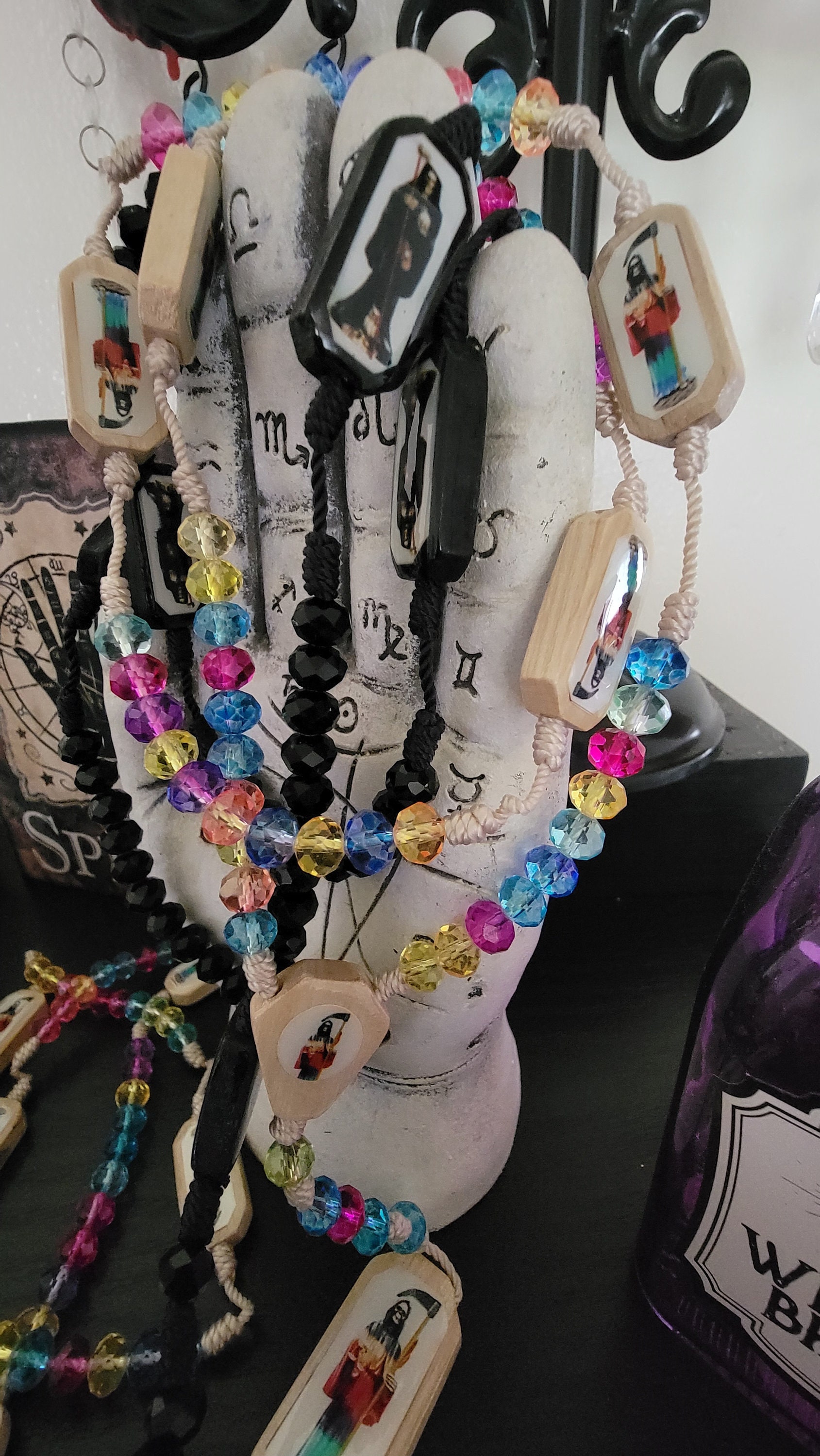 Santa Muerte Wood Bead and Sparkling Beads Rosary, Woven Necklaces and ...