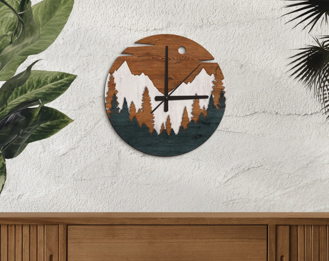 Mountain Wall Clock,wood Mountain Clock,forest Wood Clock,mountain Wall ...