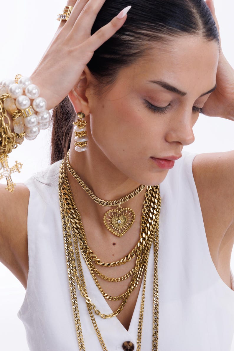 Chunky Heart Pendant Necklace, Layered Chain Necklace, Gold Filled ...