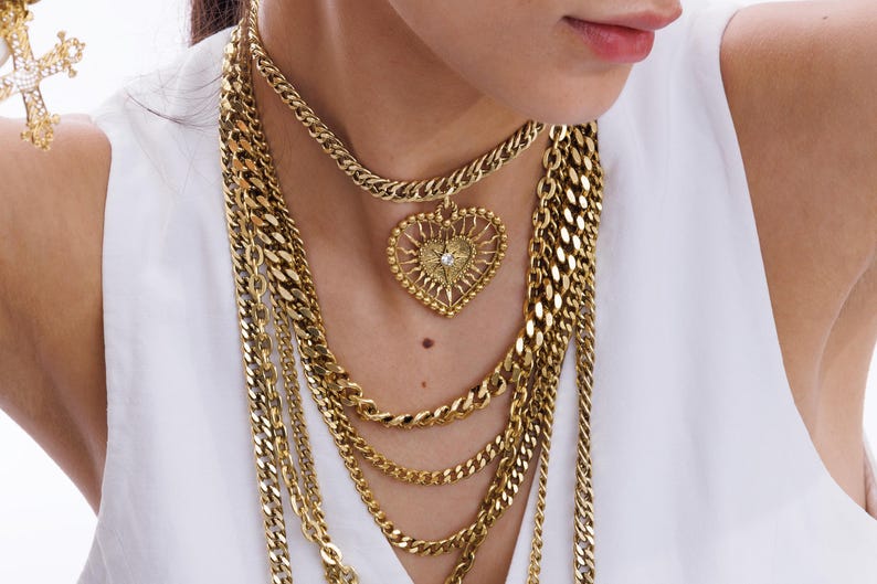Chunky Heart Pendant Necklace, Layered Chain Necklace, Gold Filled ...