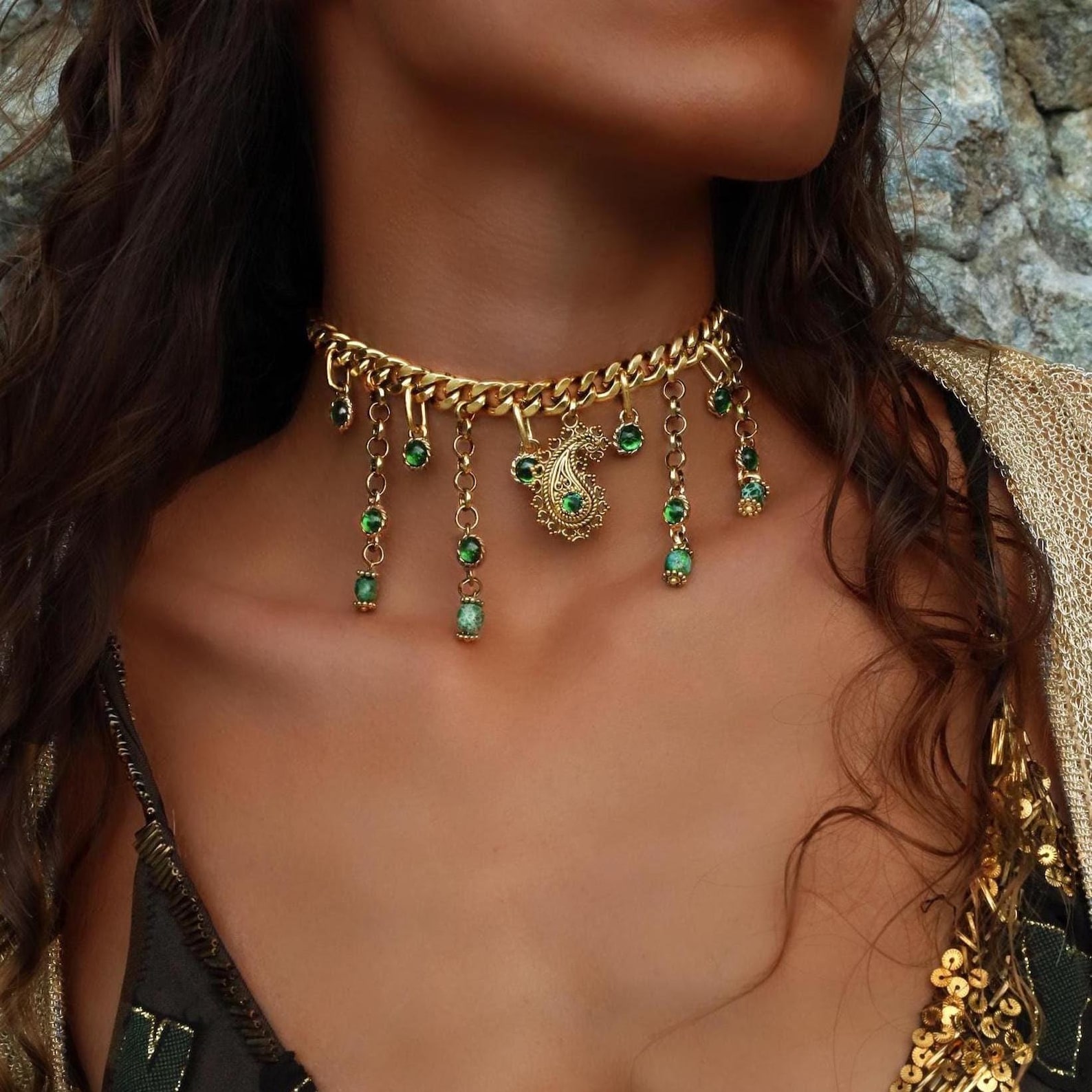 Gold Choker Necklace With Jade, Cuban Link Chain, Gold Pendant Necklace ...